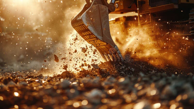 Heavy Machinery at Work during Golden Hour Creating Dust Clouds and ...