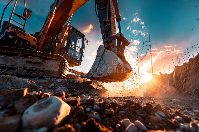 Heavy Machinery Working on a Construction Site at Sunset. Strong ...