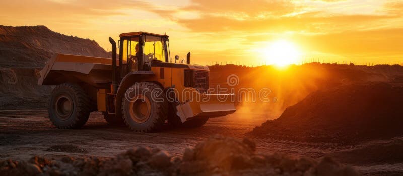 Heavy Machinery Working at Sunset in a Construction Site with Dust and ...