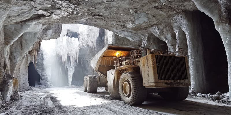 Heavy Mining Truck Operating in an Icy Underground Cave during Daylight ...