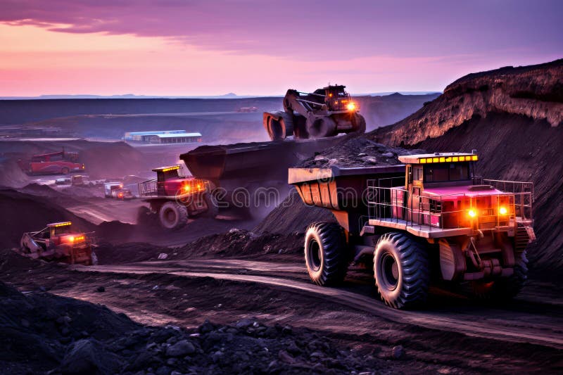 Heavy Mining Trucks Operating in Rugged Landscape during Sunset with ...