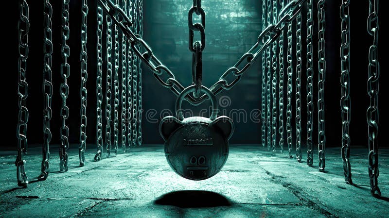 Heavy Padlock Surrounded by Chains in Dark Industrial Setting Stock ...