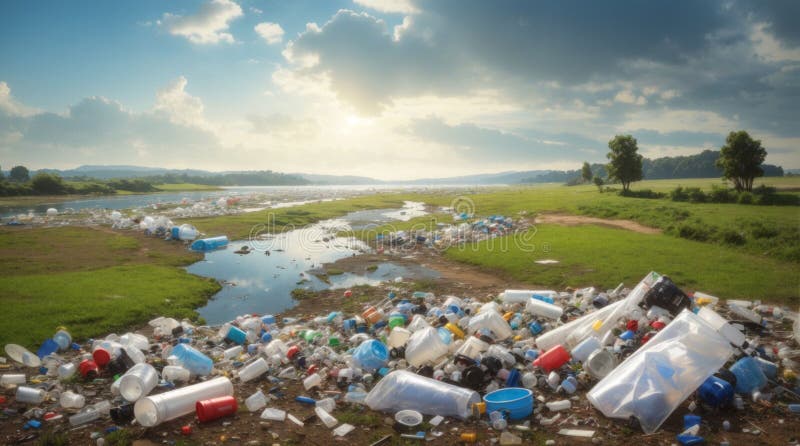 Heavy Plastic Pollution in Wild Beautiful Landscape Stock Illustration ...