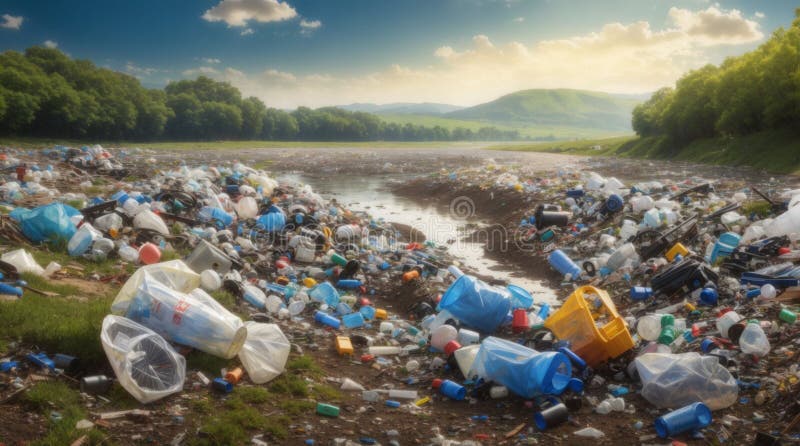 Heavy Plastic Pollution in Wild Beautiful Landscape Stock Illustration ...