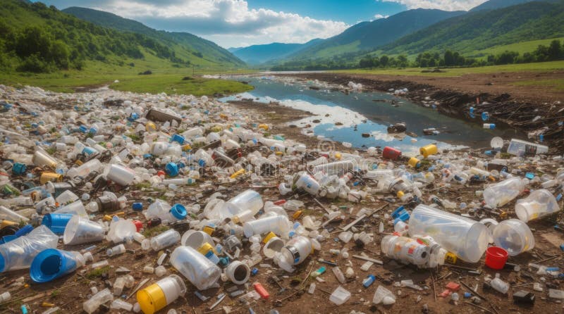 Heavy Plastic Pollution in Wild Beautiful Landscape Stock Illustration ...