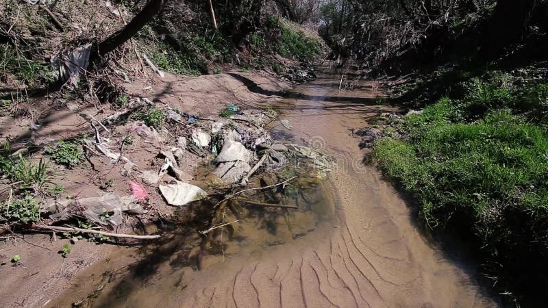 A Polluted Stream Flows Slowly, Its Surface Littered with Plastic Waste ...