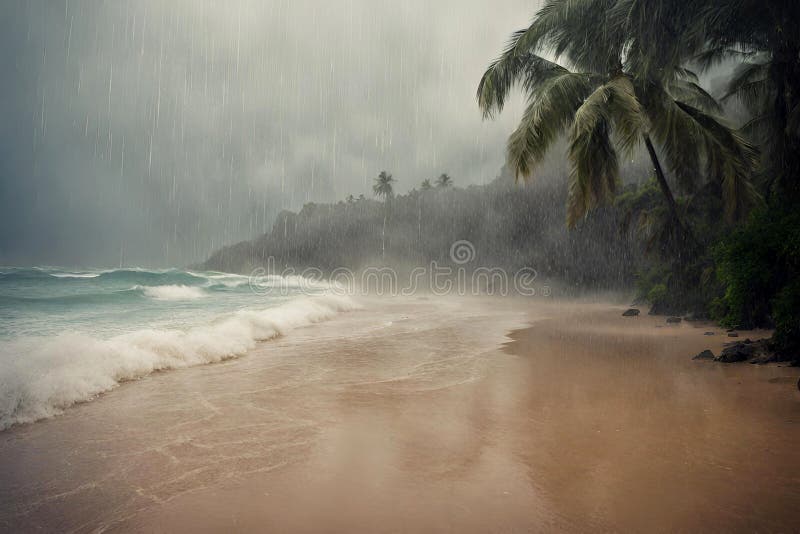 Heavy Rain on the Beach. Strong Storm Over the Ocean. Stock ...