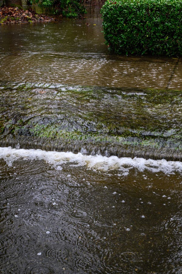 Heavy Rain Caused Flooding Over Sidewalk, Grass Strip, and Road Stock ...