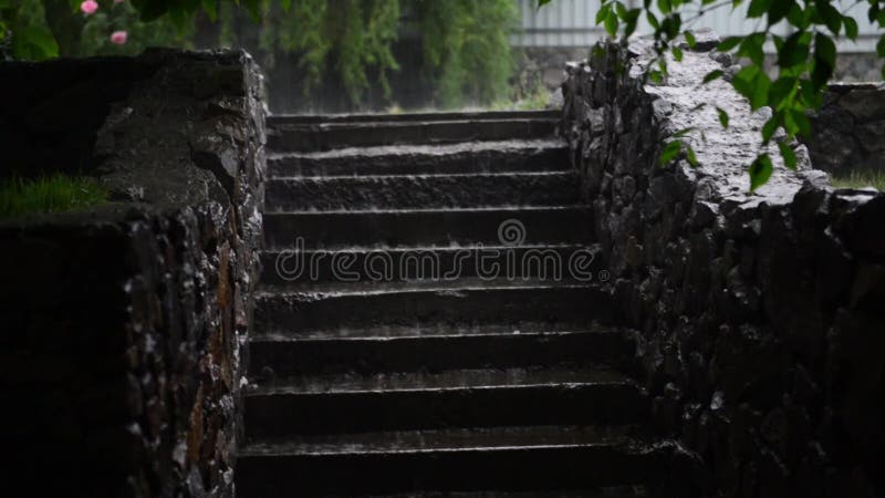 Heavy Rain on Concrete Steps of the Stairs Outdoors Stock Video - Video ...