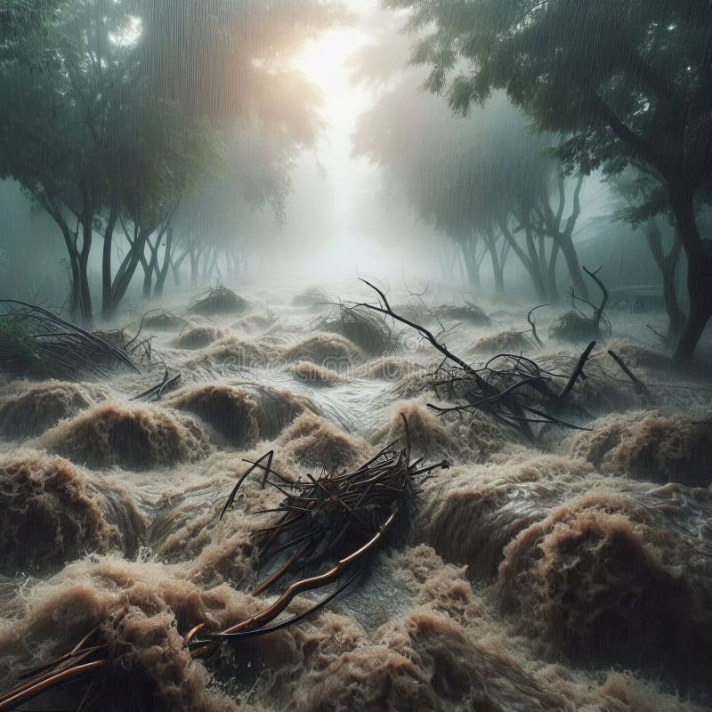 Heavy Rain Creating a River Flood Overflowing River with Chaoti Stock ...