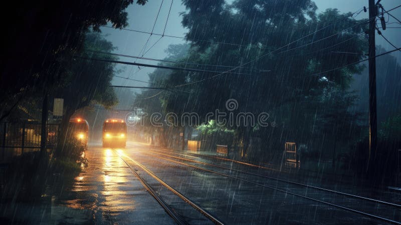 Heavy Rain Drop at the Road Rural Area with Some Train Stock ...