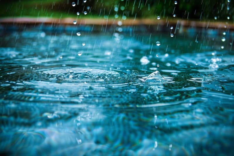 Heavy Rain Drops Falling on Blue Water Surface in Swimming Pool ...