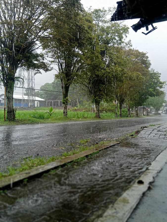 The Heavy Rain Drops Look Blurry with a Quiet Road Background Stock ...