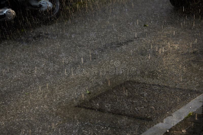 Heavy rain drops on road. stock image. Image of weather - 113053445
