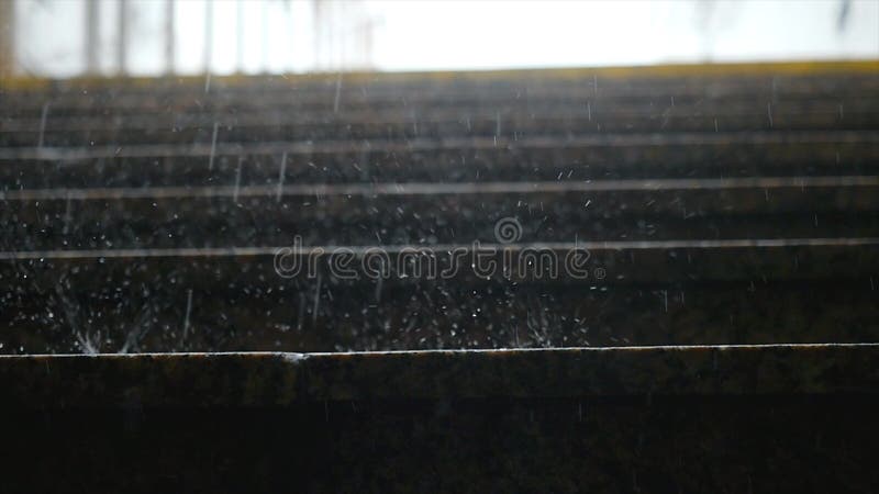 Heavy Rain Falling on Blurred Marble Steps in Slow Motion. 3840x2160 ...