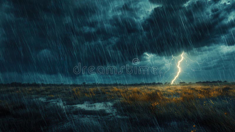 Heavy Rain Falling on a Field with Lightning Striking in the Distance ...