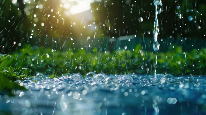 Heavy Rain Falling on Water Surface with Bubbles and Green Plants in ...