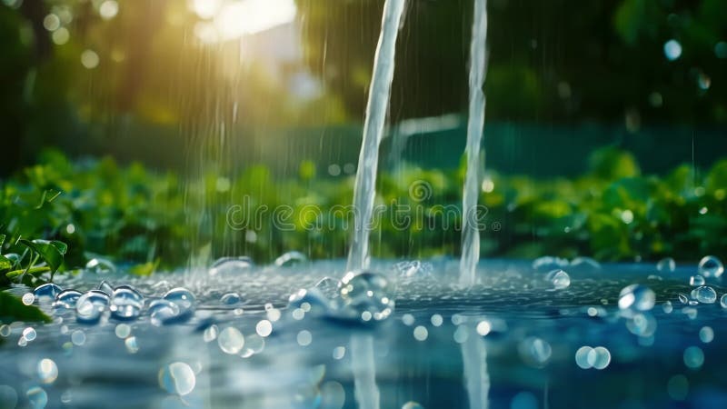 Heavy Rain Falling on Water Surface with Bubbles and Green Plants in ...