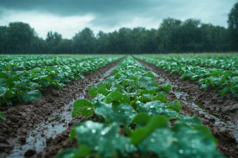 Heavy Rain Falling on Young Plants Growing in Rows in a Farmer S Field ...