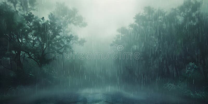 Heavy Rain and Fog in a Gloomy Forest Stock Photo - Image of green ...