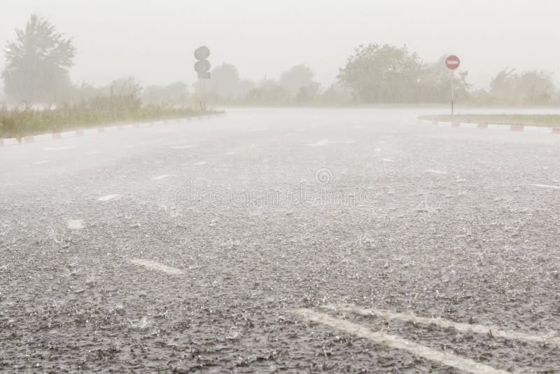 Heavy Rain with Hail is Falling Along the Highway. Stock Image - Image ...