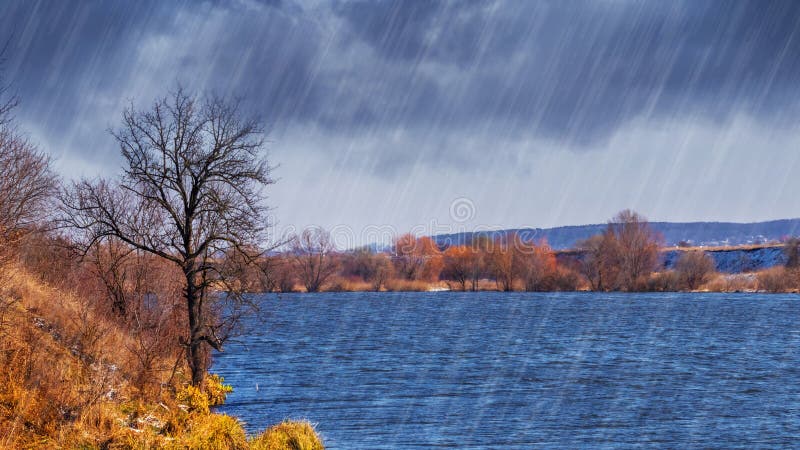 River in the Rain. Water Surface during a Downpour Stock Image - Image ...