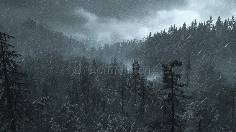 Heavy Rain Pours Down on a Dense Evergreen Forest, Creating a Moody and ...