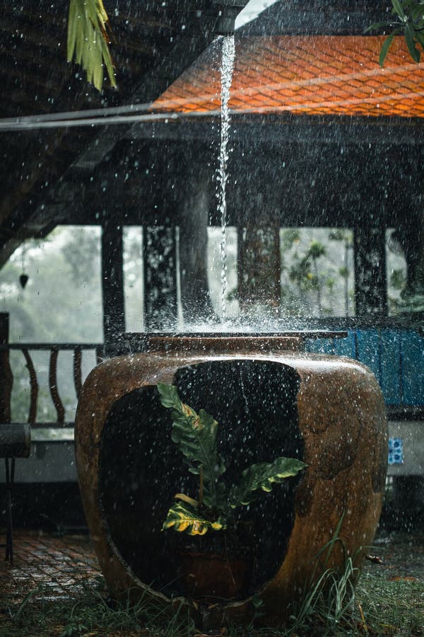 Heavy Rain Pours into a Large Pot Stock Photo - Image of motion ...
