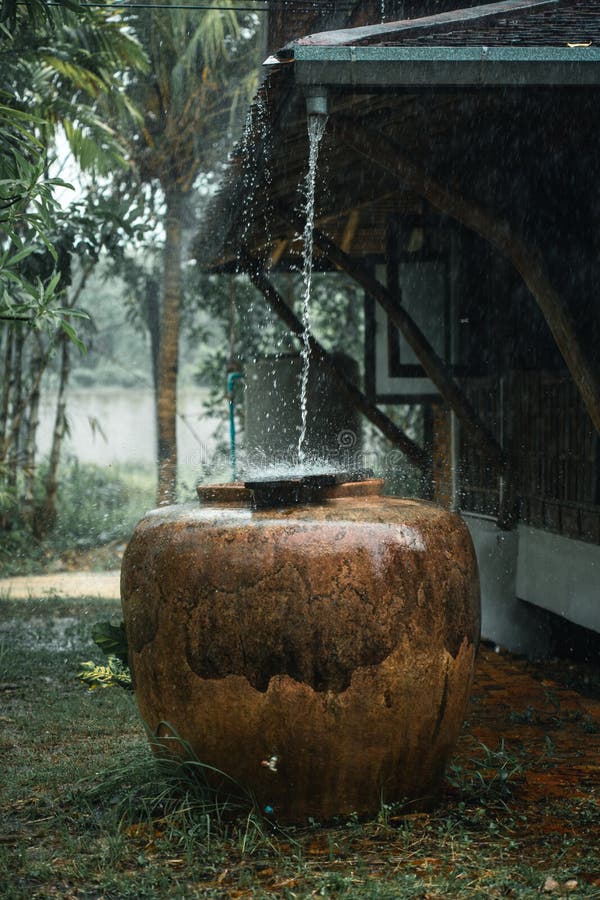 Heavy Rain Pours into a Large Pot Stock Photo - Image of object, drop ...