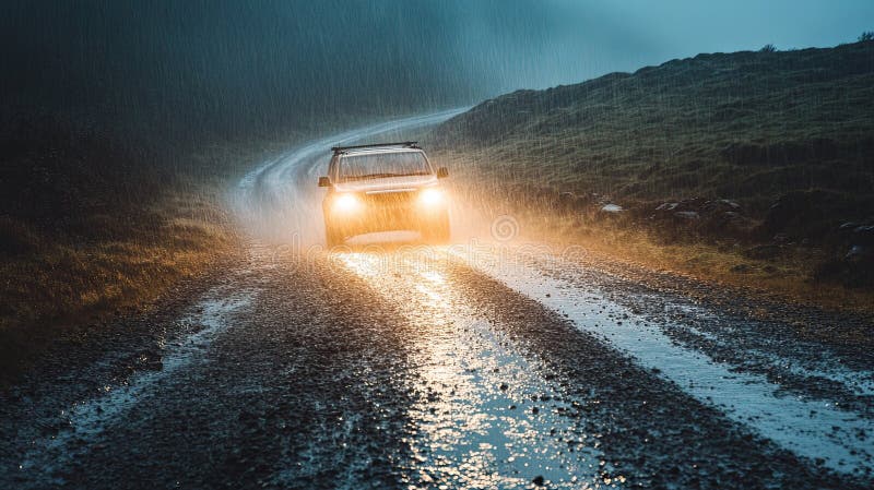 Heavy Rain on Remote Road, Overlanding SUV Headlights Cutting through ...