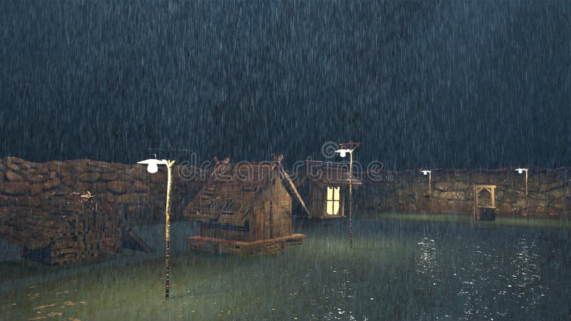 Heavy Rain and Thunder, Rain Falling on the Cottage at Night Stock ...