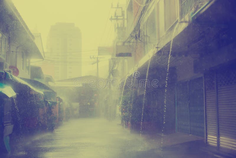 Heavy rain with town home. stock photo. Image of rainy - 129962712