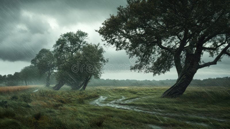 Heavy Rain and Wind Bending Trees As a Powerful Storm Rolls through a ...