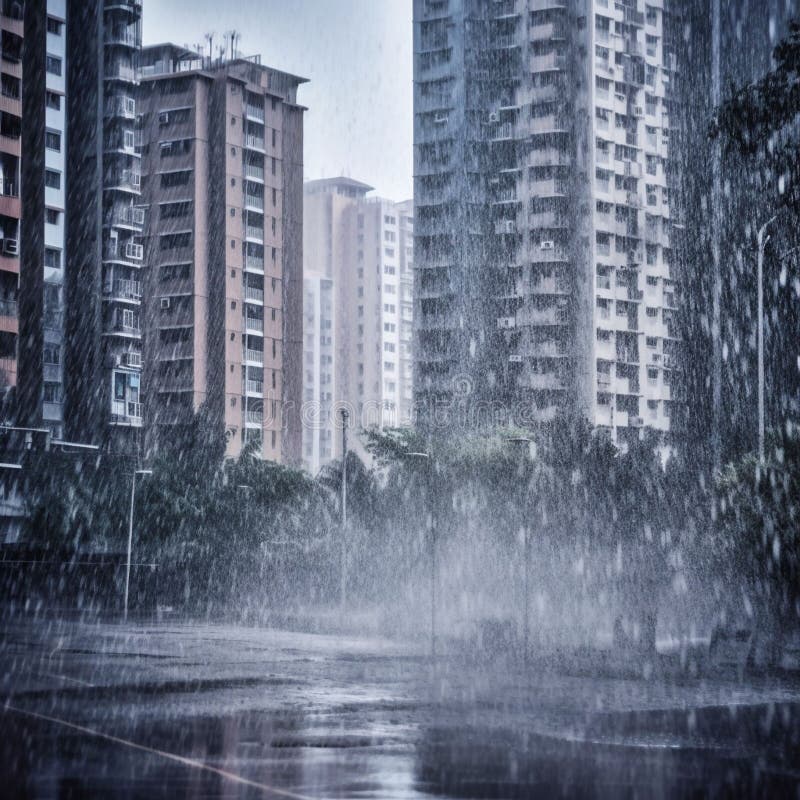 Heavy Rain and Wind in the City High-rise Building, Generative AI Stock ...