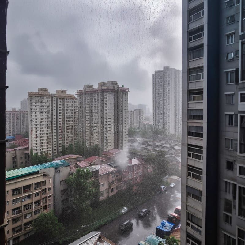 Heavy Rain and Wind in the City High-rise Building, Generative AI Stock ...