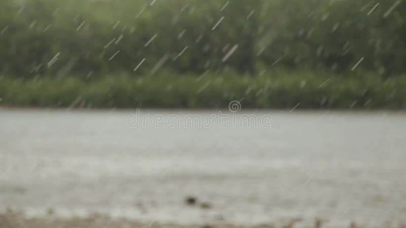 Heavy Rainfall Hitting the River Surface. Heavy Rain on a Background of ...