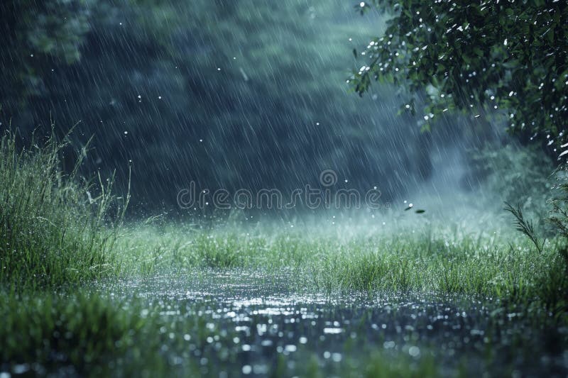 Heavy Rainfall in a Lush Green Forest during a Calm Summer Day Stock ...