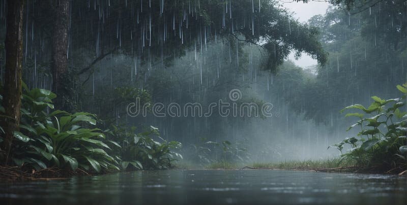 Heavy Rainfall Over a Forest Pathway during a Misty Day Stock ...