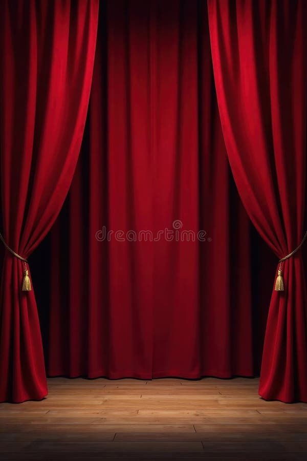 Heavy Red Velvet Drapes Parted, Revealing Empty Stage , Curtains ...