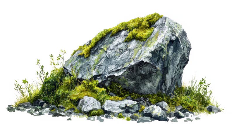 Heavy Rock with Moss and Small Plants Growing on Its Surface, Isolated ...