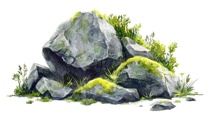 Heavy Rock with Moss and Small Plants Growing on Its Surface, Isolated ...