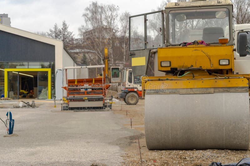 Construction Site - a Large Road Roller for Soil Compaction. Stock ...