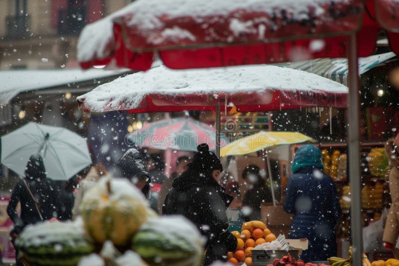 Heavy Snow Falling on a Busy Outdoor Market Stock Photo - Image of ...