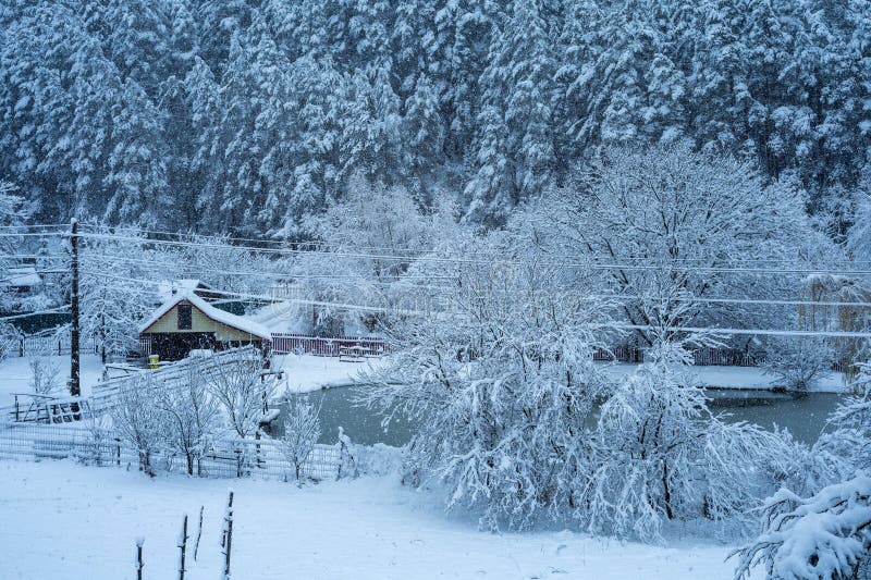 Heavy Snow in Winter Landscape with House, Lake Stock Photo - Image of ...