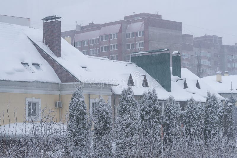 Heavy Snowfall in the City Sweeps Houses and Streets. Stock Image ...