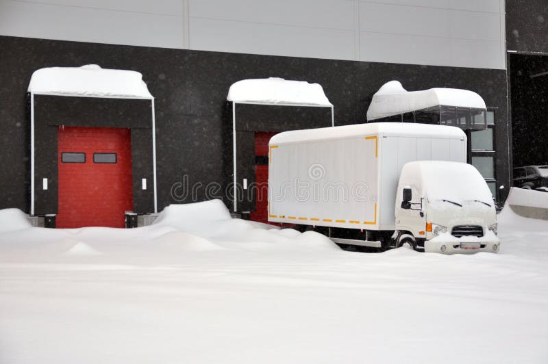 Heavy Snowfall. Delivery of Goods To the Warehouse Logistics Complex is ...
