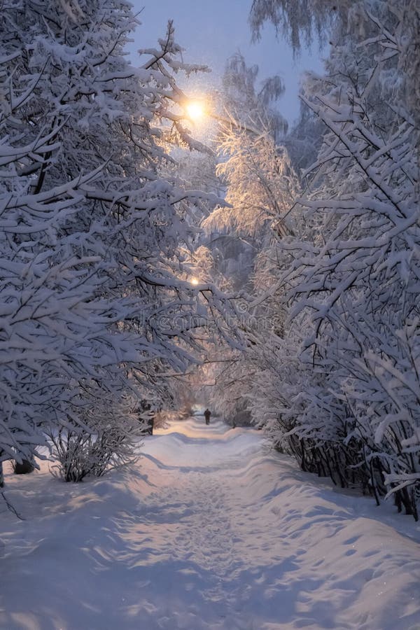 Heavy Snowfall in Moscow. Night View of Parks and Avenues during a ...