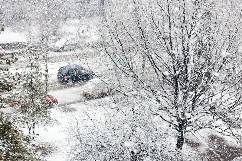 Heavy Snowfall or Snowstorm Stock Image - Image of street, trees: 87294681