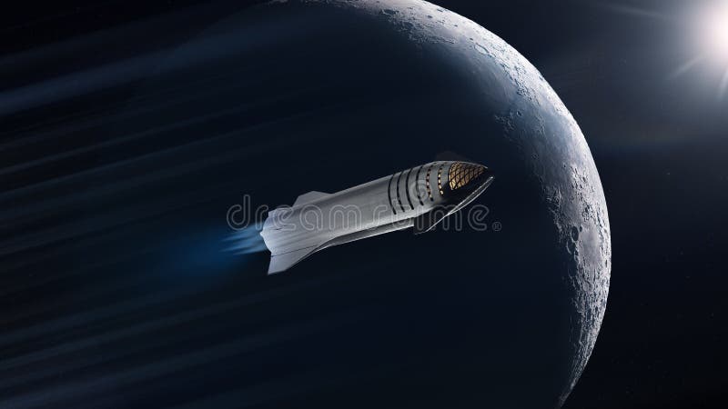Heavy Starship is Flying in Outer Space on Big Moon Background ...