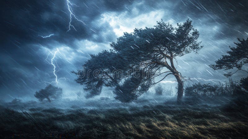 Heavy Storm with Strong Winds and Rain Bending Trees and Lightning ...